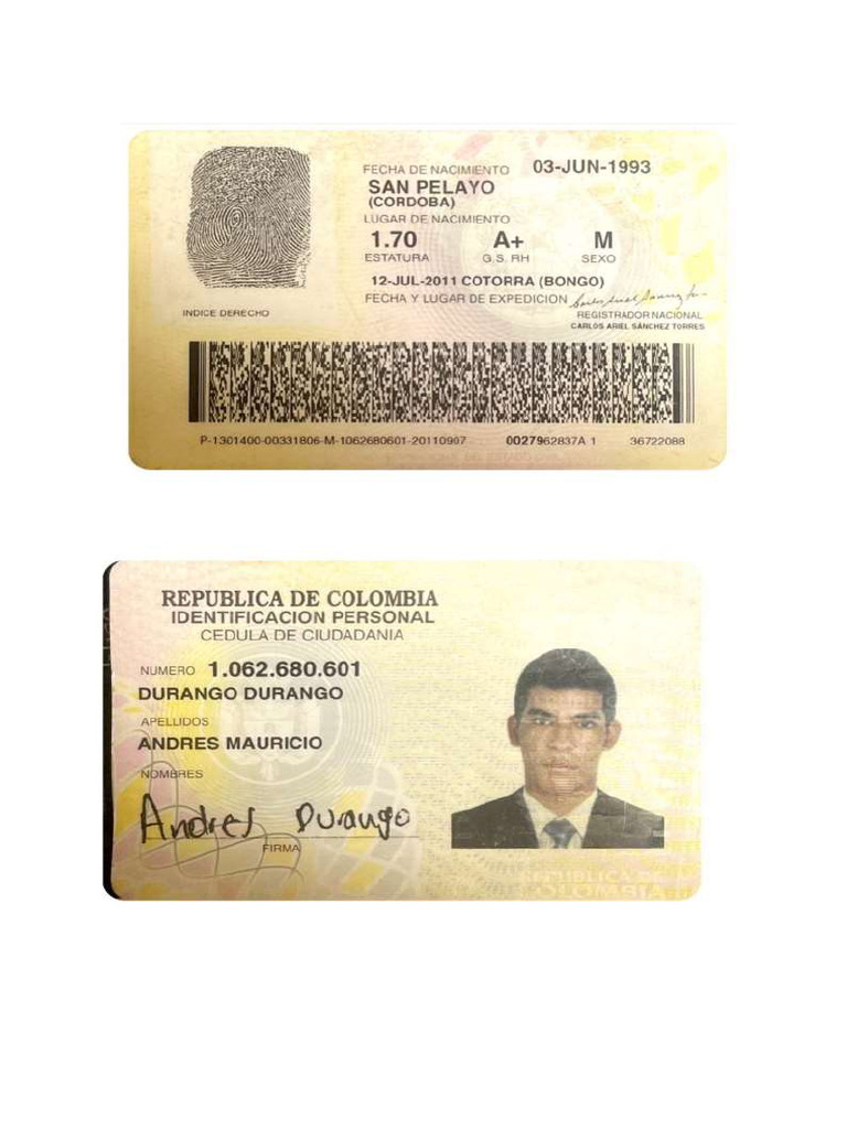 Cédula de Andrés Mauricio Durango Durango | PDF