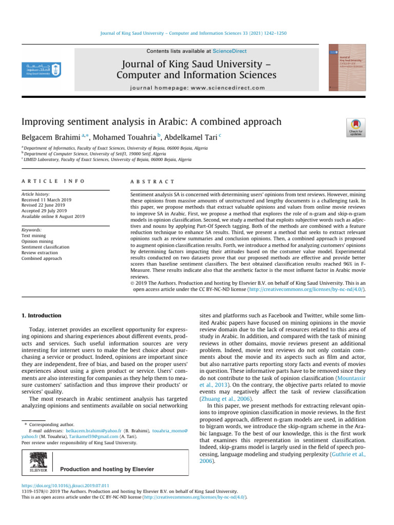 Improving Sentiment Analysis in Arabic: A Combined Approach | PDF | Part Of Speech | Machine ...
