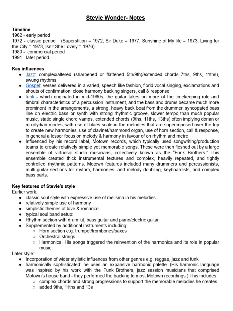Stevie Wonder Superstition and Sir Duke - Notes | PDF | Song Structure ...