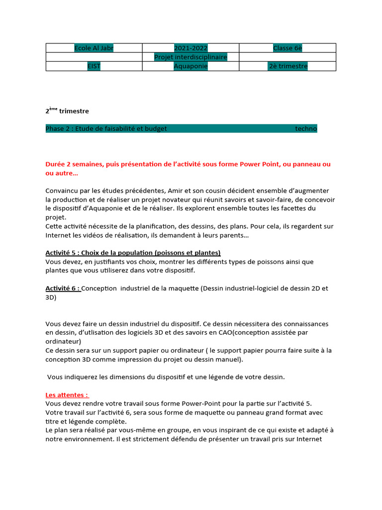 Projet d'Aquaponie en Classe 6è | PDF | Dessin | Conception assistée ...