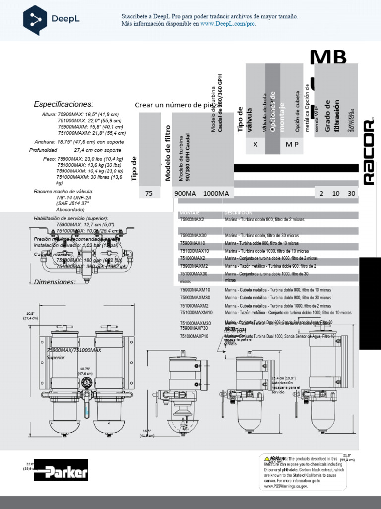 Racor 751000MAX Specs Sheet Es | PDF | Tecnologías de gas | Gases