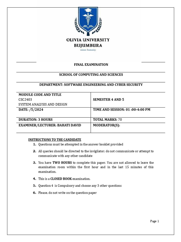 FINAL EXAM System Analysis and Design | PDF | Computing | Information ...