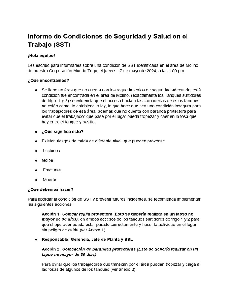 Informe de Condiciones de Seguridad y Salud en El Trabajo (SST) AREA de ...