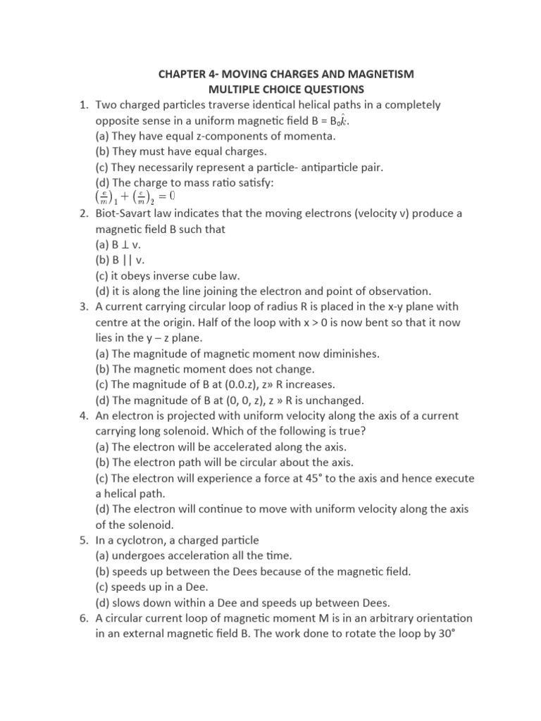 Moving Charges and Magnetism MCQs | PDF | Magnetic Field | Electric Current