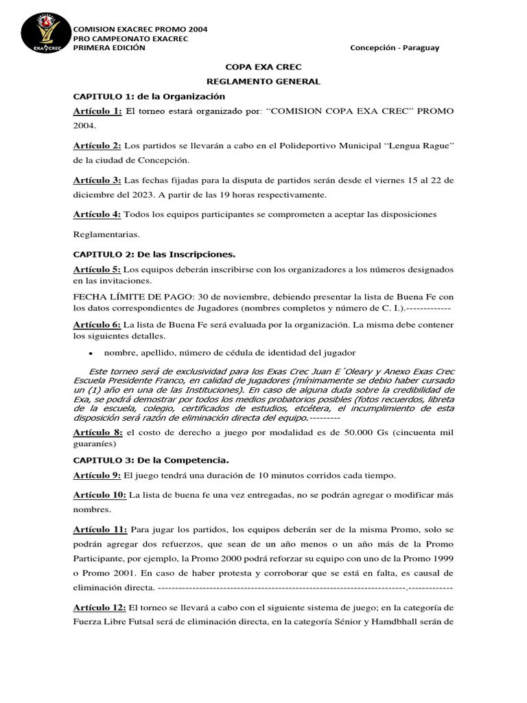 Reglamento Oficial Copa Exa Crec | PDF