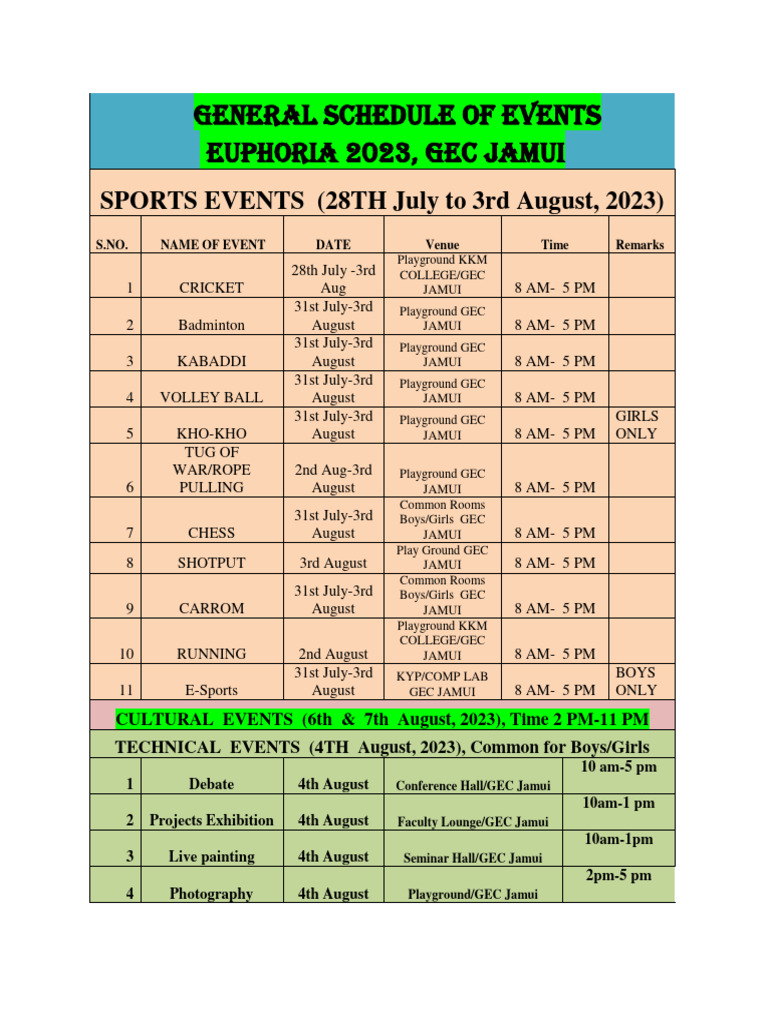 (Euphoria 2023) General Schedule of Events | PDF