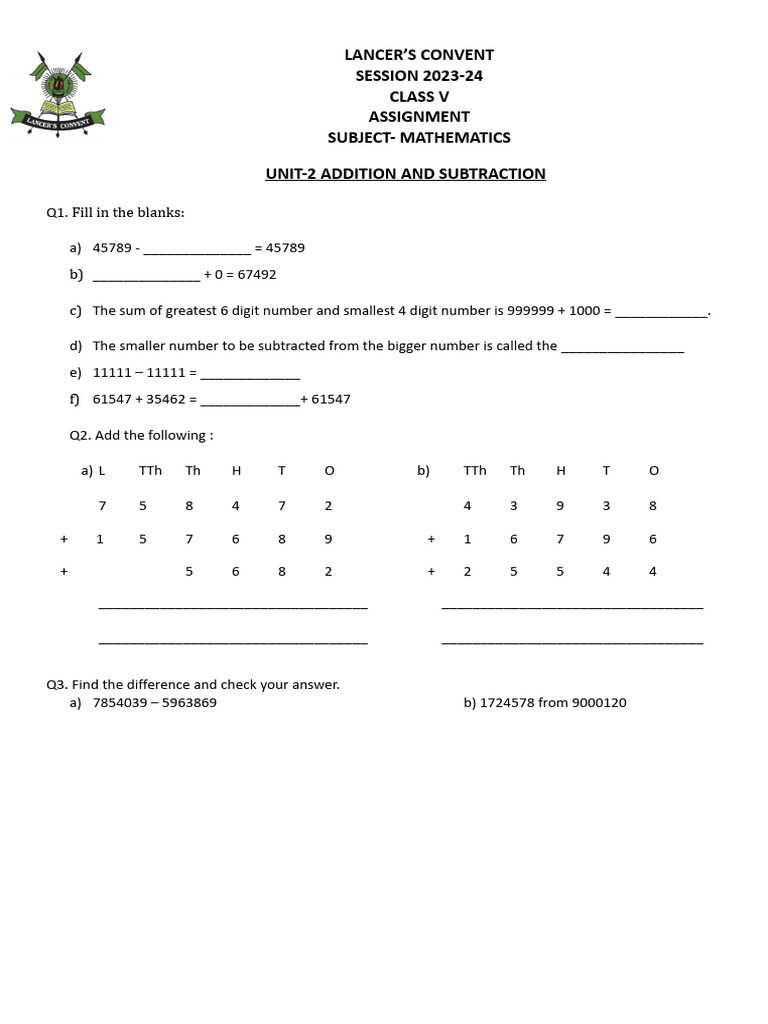 V - ASSIGNMENT - MATHEMATICS - UNIT-2 ADDITION and SUBTRACTION | PDF