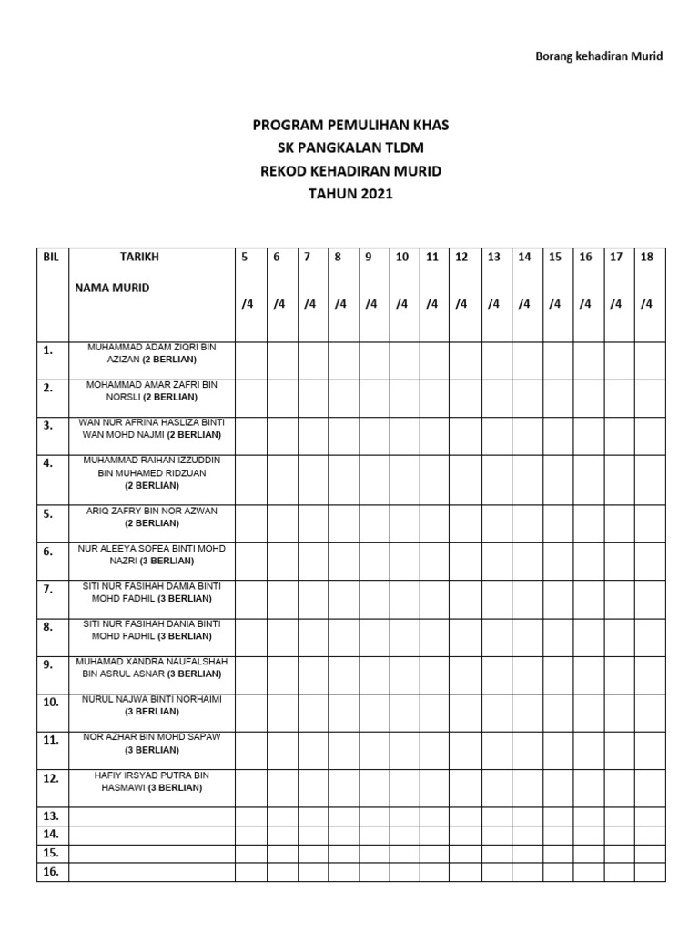 Borang-kehadiran-Murid PEMULIHAN BLN 4 | PDF