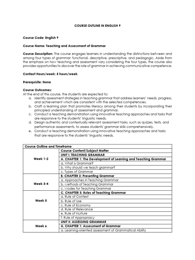 COURSE OUTLINE and TOC IN ENGLISH 9 | PDF | Educational Assessment ...