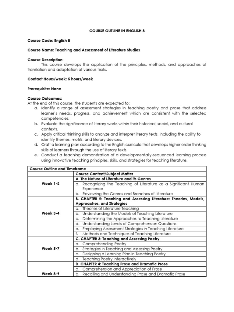 COURSE OUTLINE and TOC IN ENGLISH 8 | PDF | Educational Assessment ...