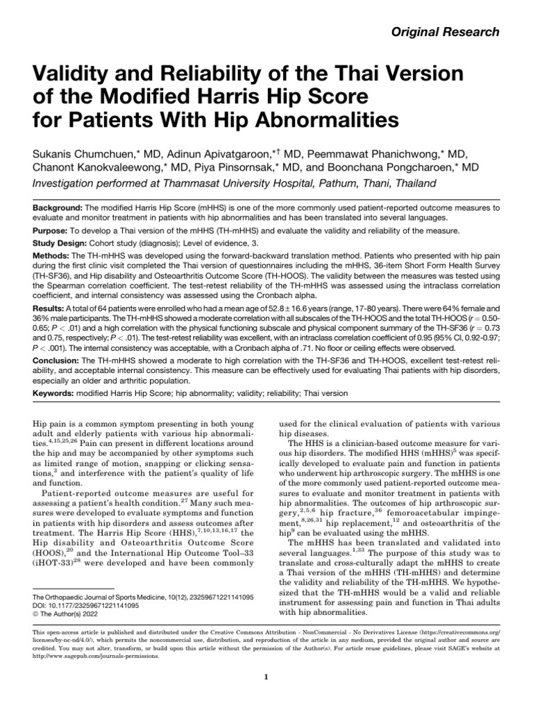 Validity and Reliability of The Thai Version of The Modified Harris Hip ...