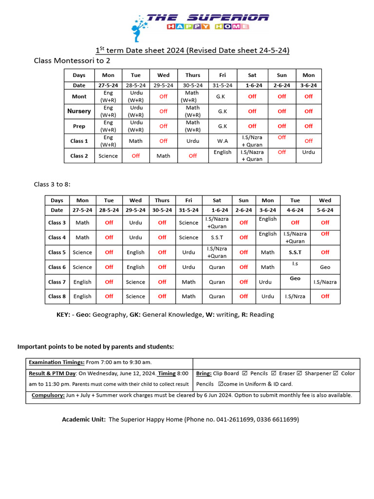 Revised Date Sheet 1 St Term 2024 | PDF