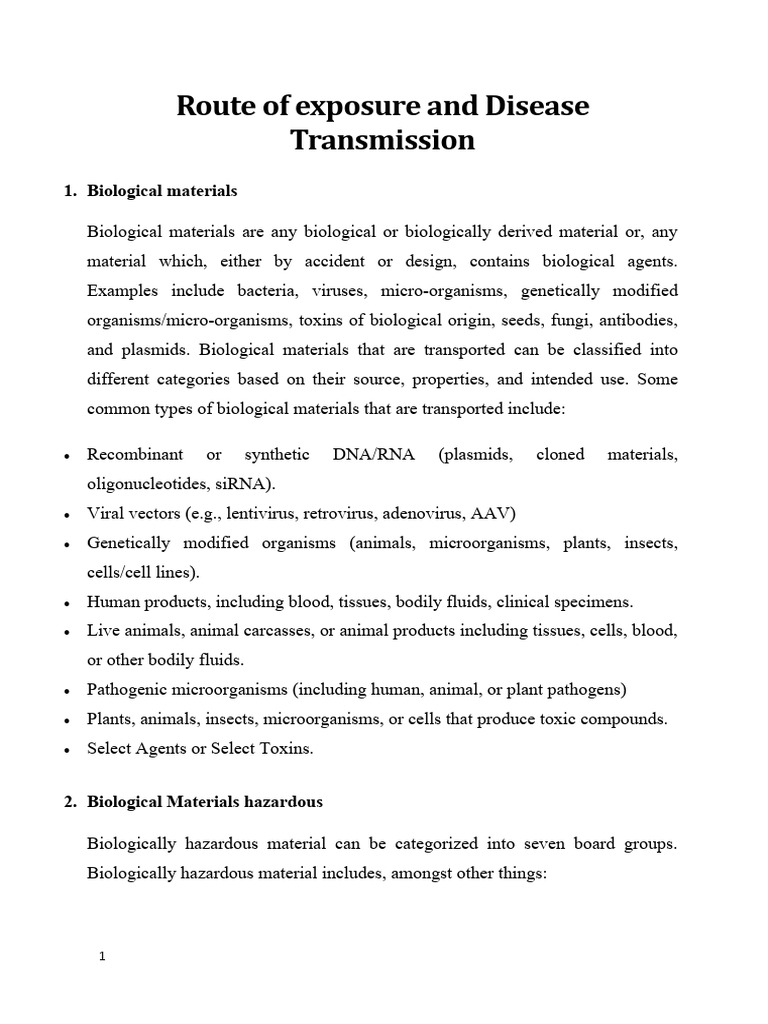 Route of Exposure and Disease Transmission: 1. Biological Materials ...