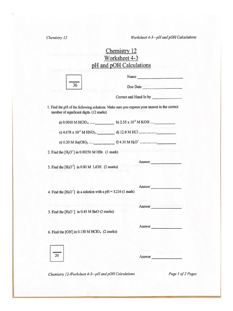PH and POH Worksheet | PDF