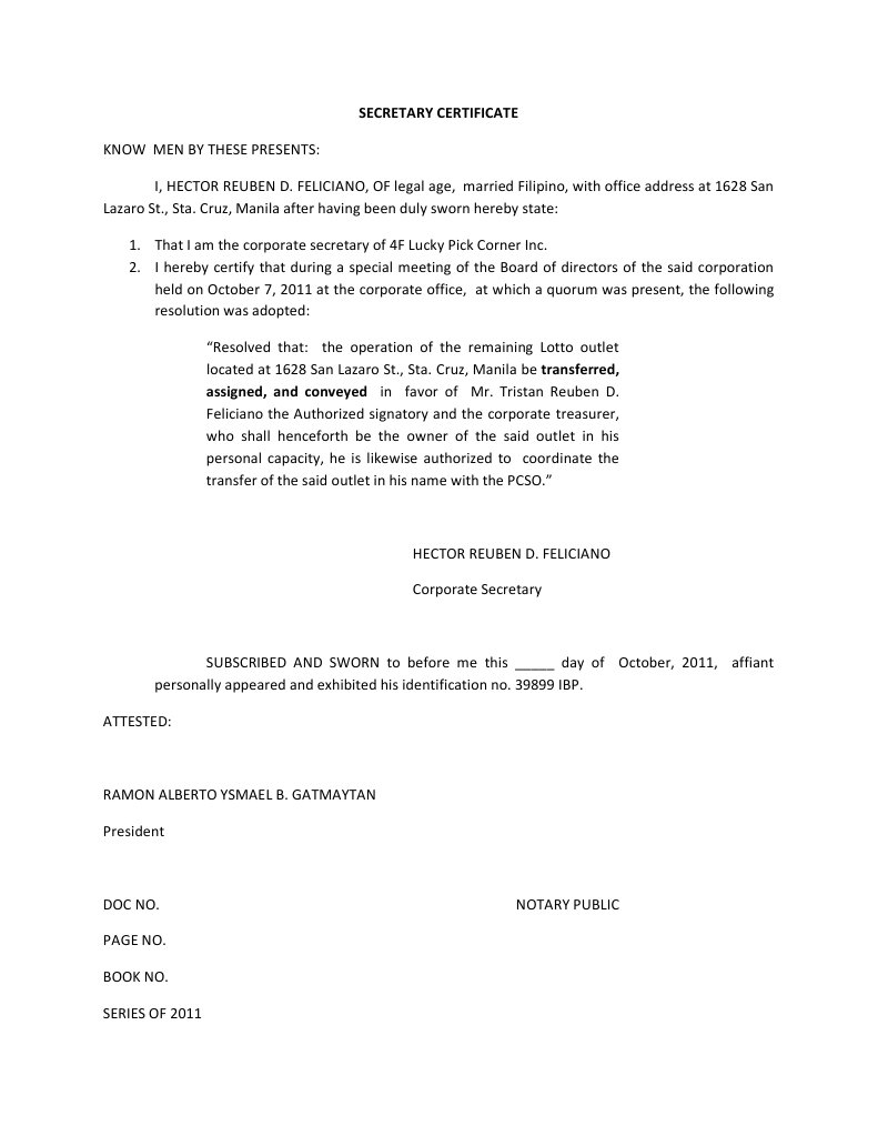Secretary Certificate | PDF