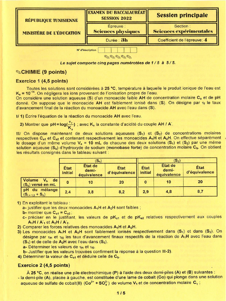 Physique Bac2022 Sciences 1 | PDF