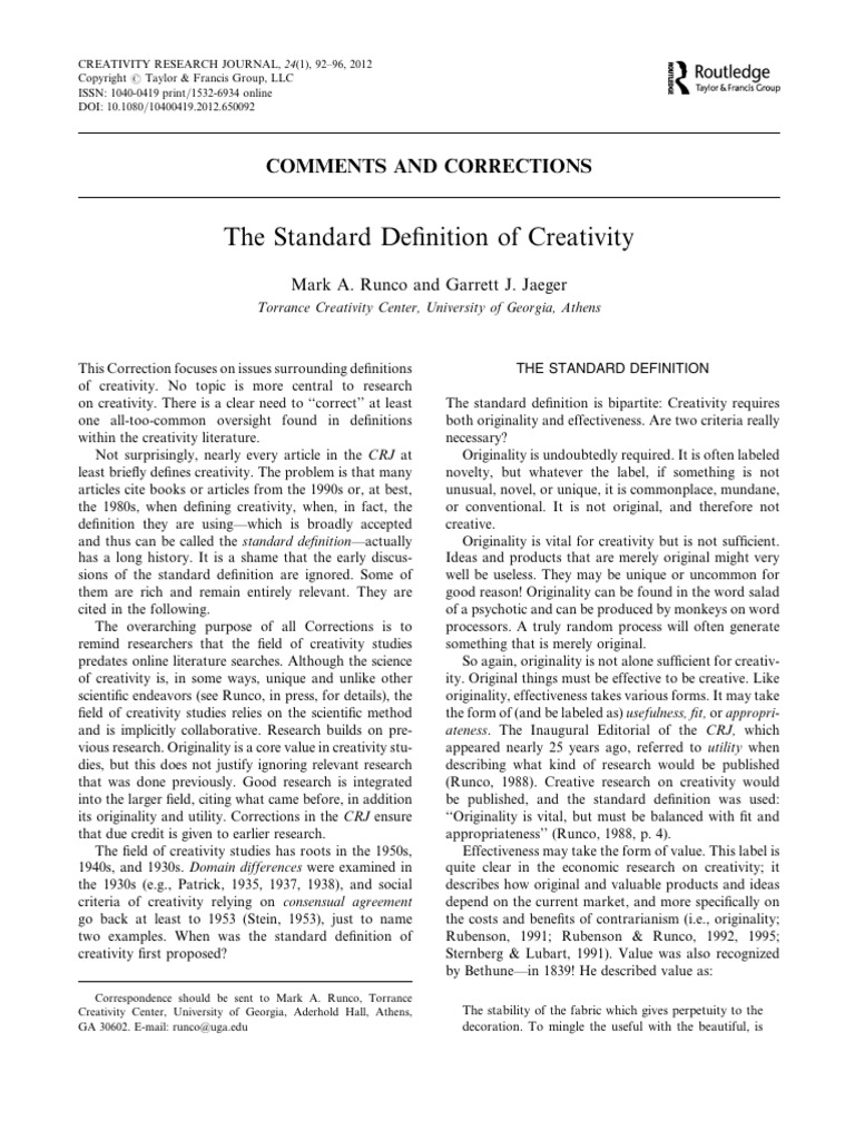 Runco and Jaeger 2012 Standard Definition of Creativity | PDF ...
