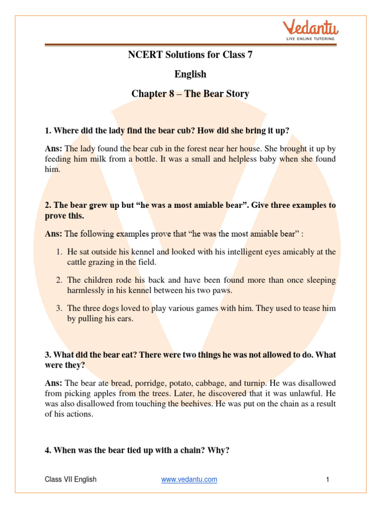 NCERT Solutions For Class 7 English Chapter 8 - The Bear Story - . | PDF