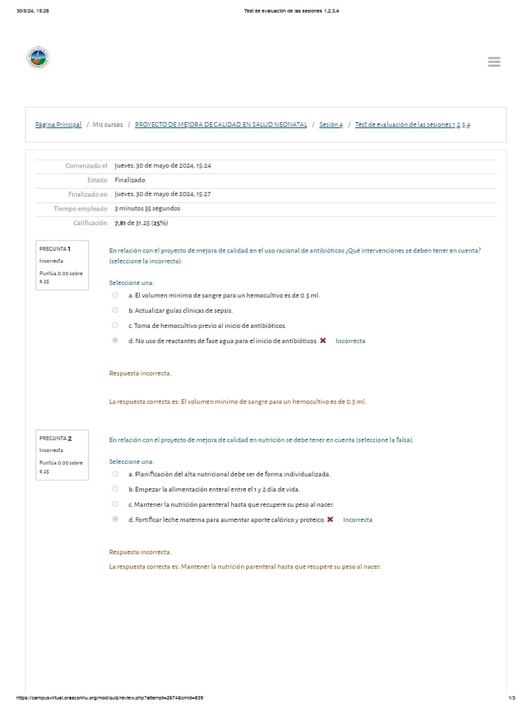 Test de Evaluación de Las Sesiones 1,2,3,4 Neonato | PDF | Septicemia ...