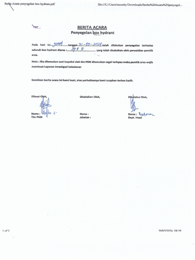Berita Acara PMK - Penyegelan Box Hydrant Area PM8-1 | PDF