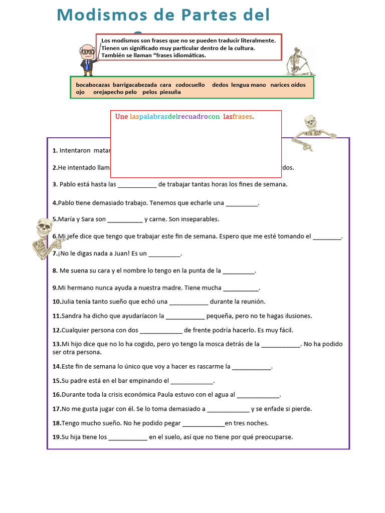 Modismos de Partes Del Cuerpo Actividades y Juegos Comprension Lectora ...