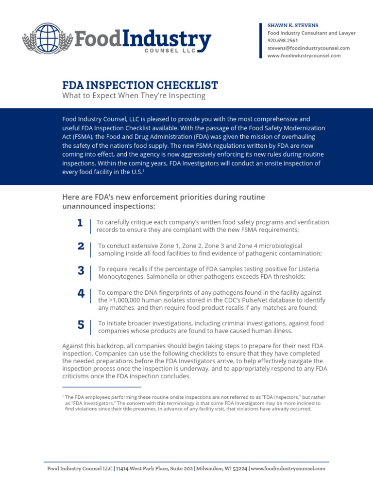 FDA Inspection Checklist Food Industry Counsel | PDF | Food And Drug Administration | Food Safety