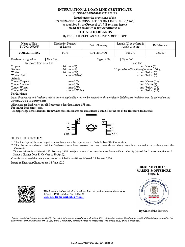 International Load Line Certificate: No SGI0/SLI/20200614231821-E4 ...
