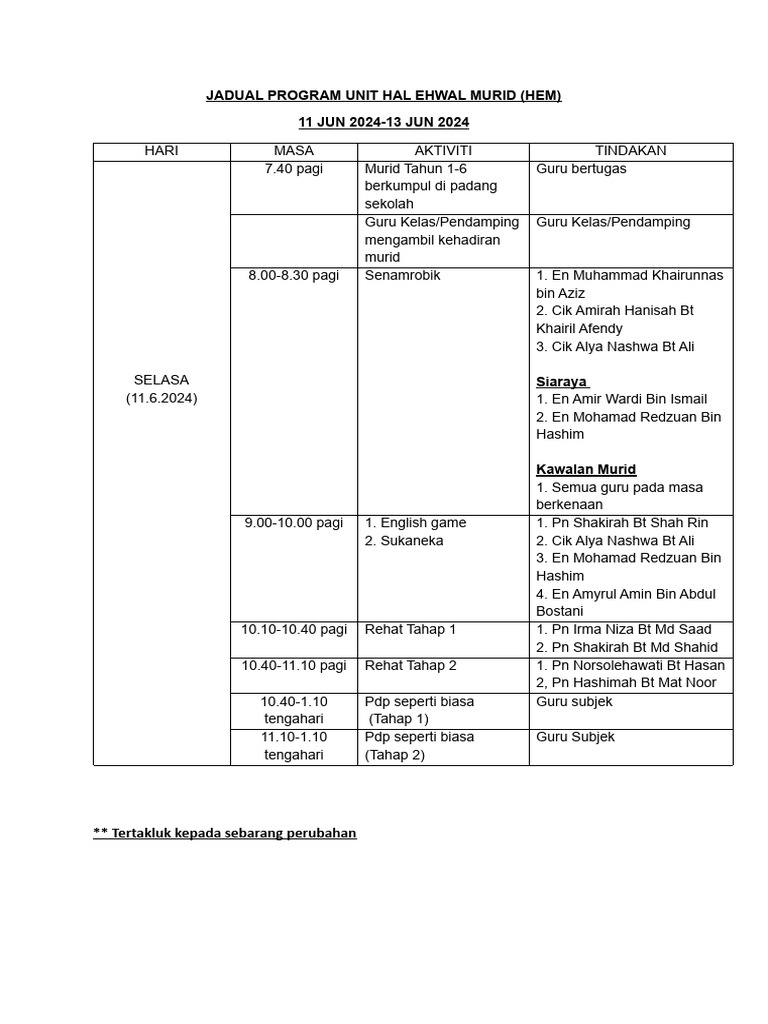 Jadual Program Unit Hal Ehwal Murid-1 | PDF
