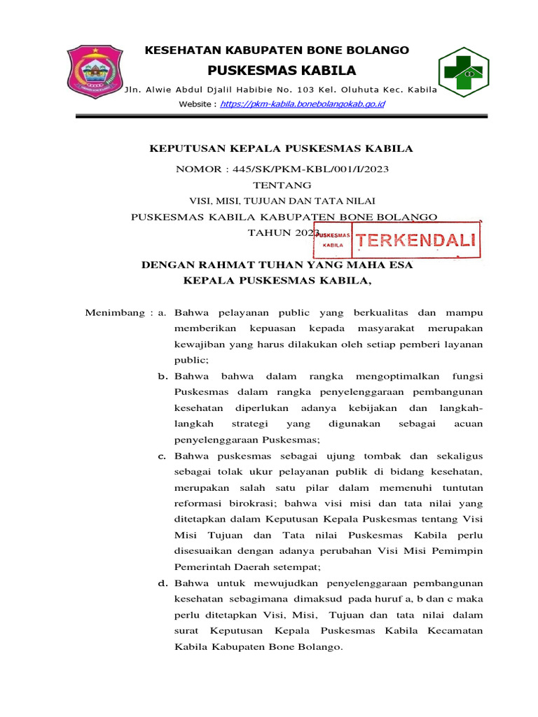 FIX SK Visi Misi Tujuan Dan Tata Nilai PKM KABILA | PDF
