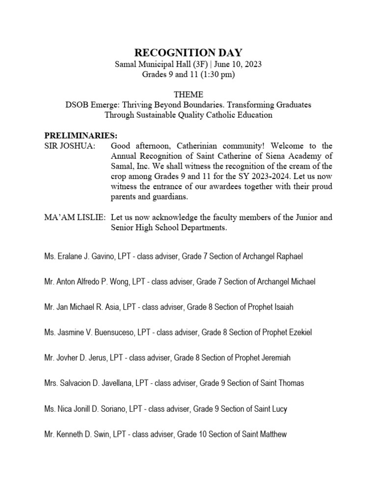 Grades 9 and 11 Recognition - SCRIPT | PDF