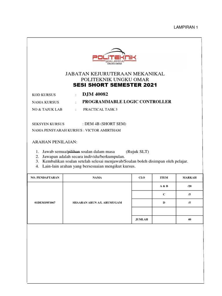 1067 Shaaran DJM40082 PLC Practical Task 3 | PDF | Relay | Switch