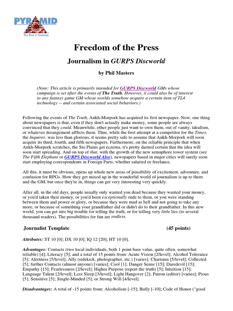 Pyramid - Freedom of The Press - Journalism in GURPS Discworld | PDF | Journalism