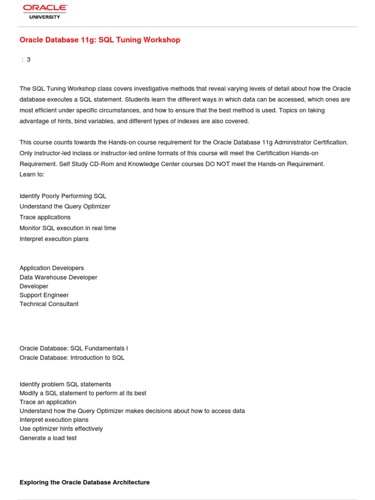 Oracle SQL Tuning Workshop | PDF | Oracle Database | Databases Oracle SQL Tuning Workshop | PDF | Oracle Database | Databases