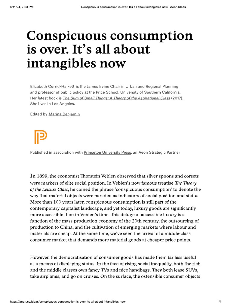 Conspicuous Consumption Is Over. It's All About Intangibles Now | PDF