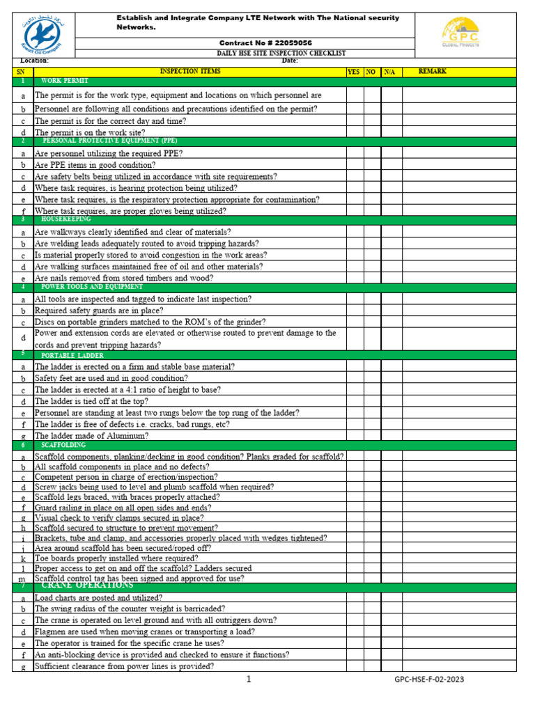 Daily HSE Inspection Checklist | PDF | Scaffolding | Crane (Machine)