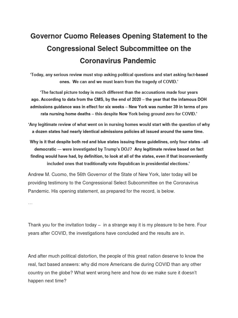 Cuomo Opening Statement To The Congressional Select Subcommittee On The Coronavirus Pandemic ...
