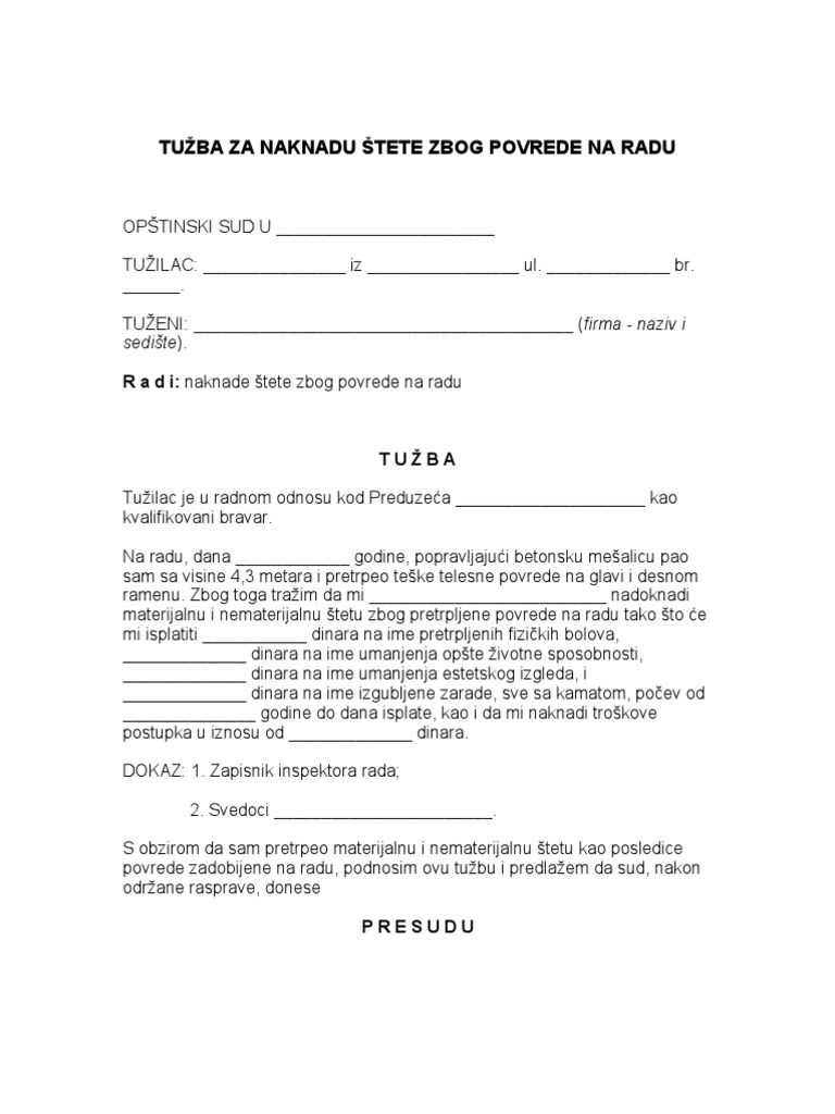 Obrazac Tuzbe Za Povredu Na Radu | PDF