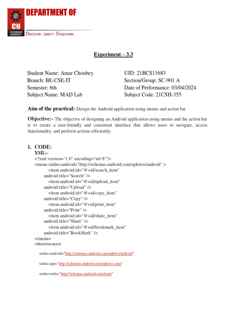 MAD EXP 3.3 Amar Choubey | PDF | Android (Operating System) | Application Software