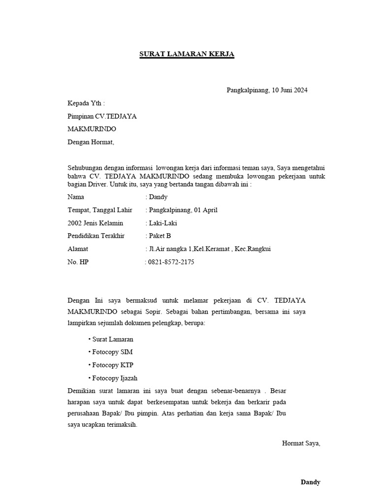 Surat Lamaran Kerja Driver CV. Tedjaya | PDF