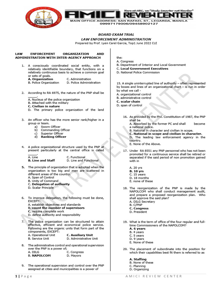 G3 LEA BET 600 Items Answer Key 1 | PDF | Police | Inspector