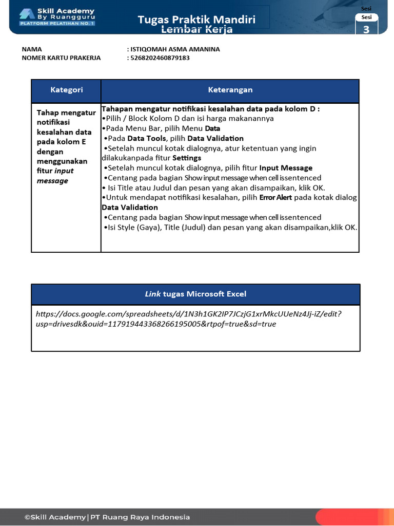 TPM 1 Menggunakan Formula Sederhana Excel - [Istiqomah asma Amanina] | PDF