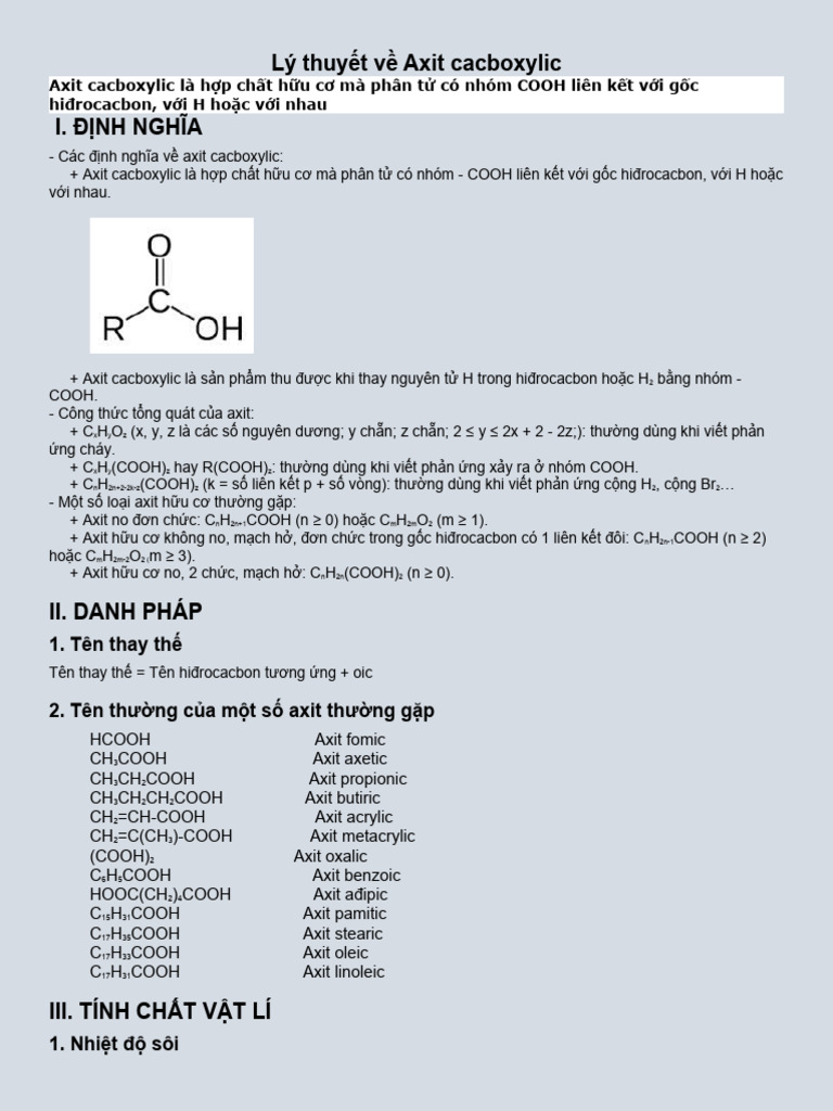 Lý thuyết về Axit cacboxylic | PDF