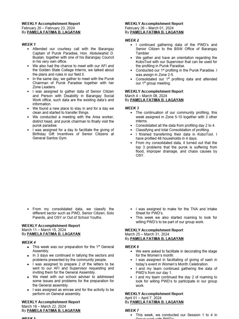 Weekly Accomplishment Report RMMC | PDF
