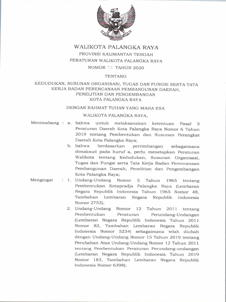 PERWAL BAPPEDALITBAG NO 52 Tahun 2020 TTG SOTK - BARU. | PDF