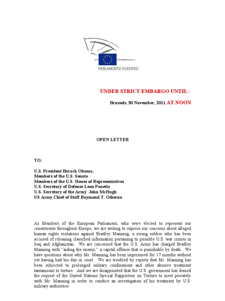 MEP Letter To US Authorities | PDF | Chelsea Manning | Torture