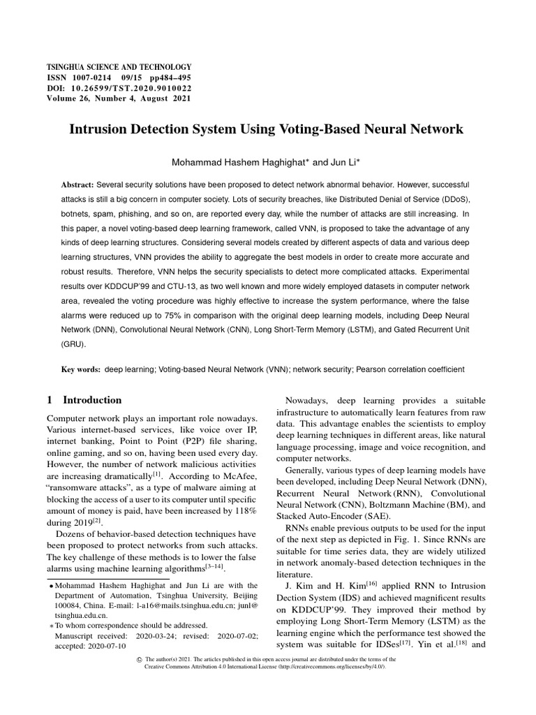 Intrusion Detection System Using Voting Based Neural Network Pdf Deep Learning Artificial