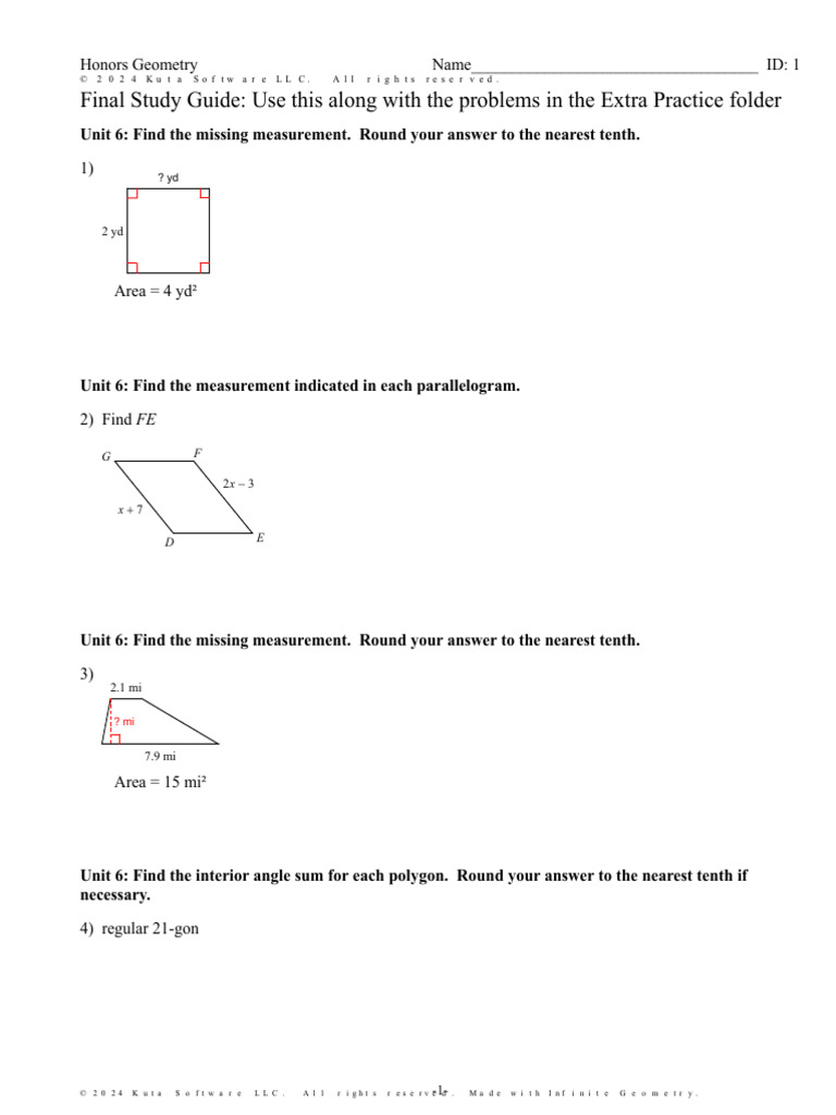 Honors Geometry Final Study Guide | PDF | Area | Circle