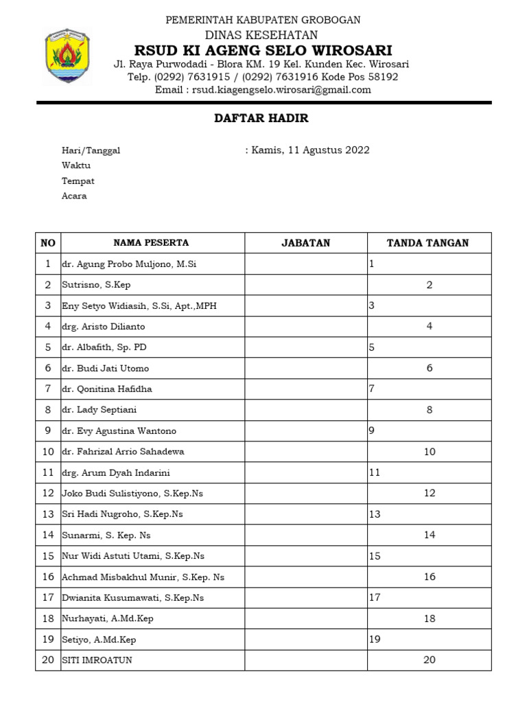 Form. Daftar Hadir Kegiatan Ataun Rapat | PDF
