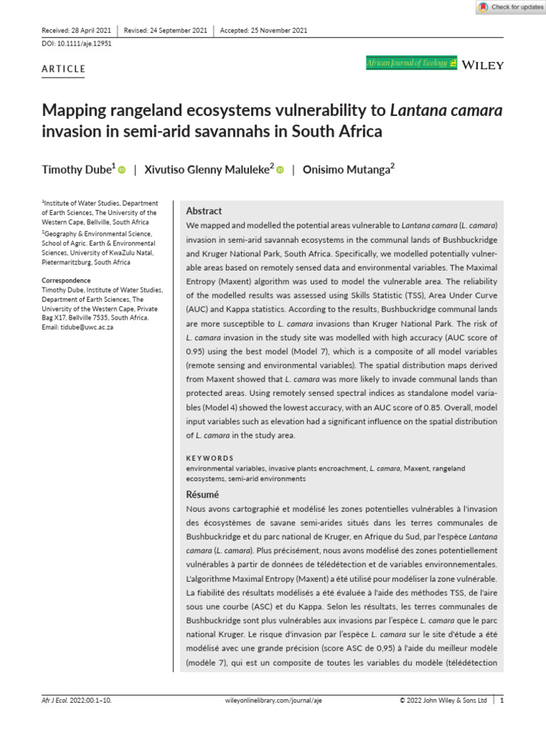 African Journal of Ecology - 2022 - Dube - Mapping Rangeland Ecosystems Vulnerability To Lantana ...