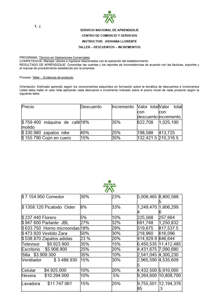 Actividad de Aprendizaje de Incrementos y Descuentos | Descargar gratis ...